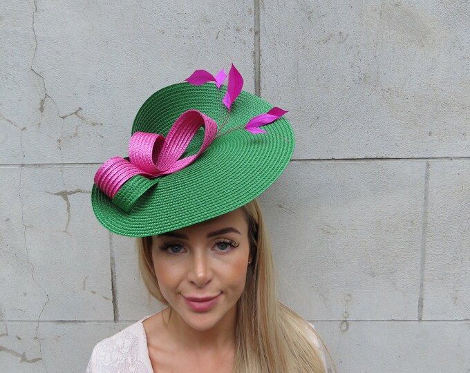 One off Piece Large Magenta & Emerald Green Straw Style Hat Fascinator ...