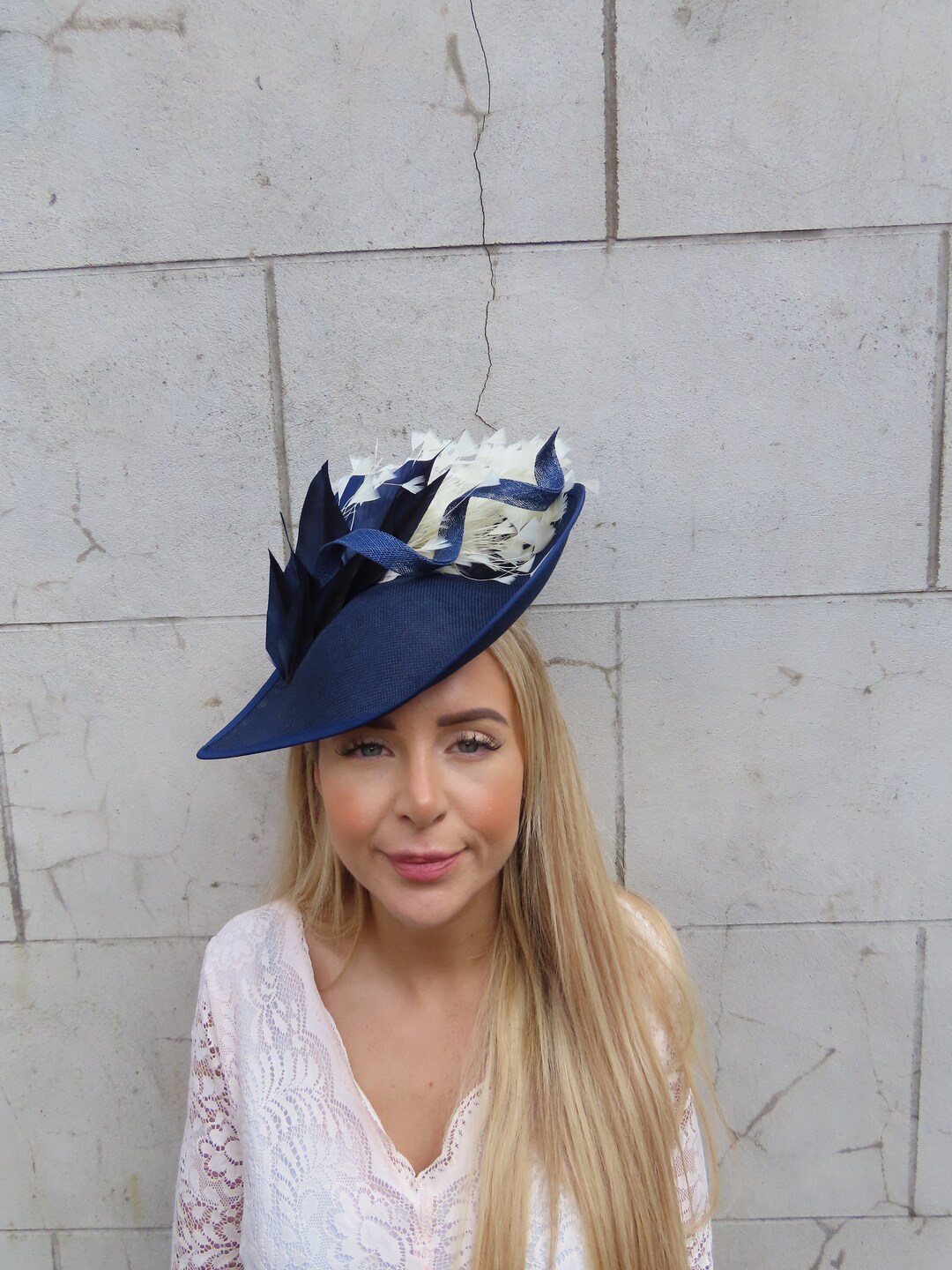 Large Navy Blue & Ivory Cream Feather Fascinator Hat Big Teardrop ...