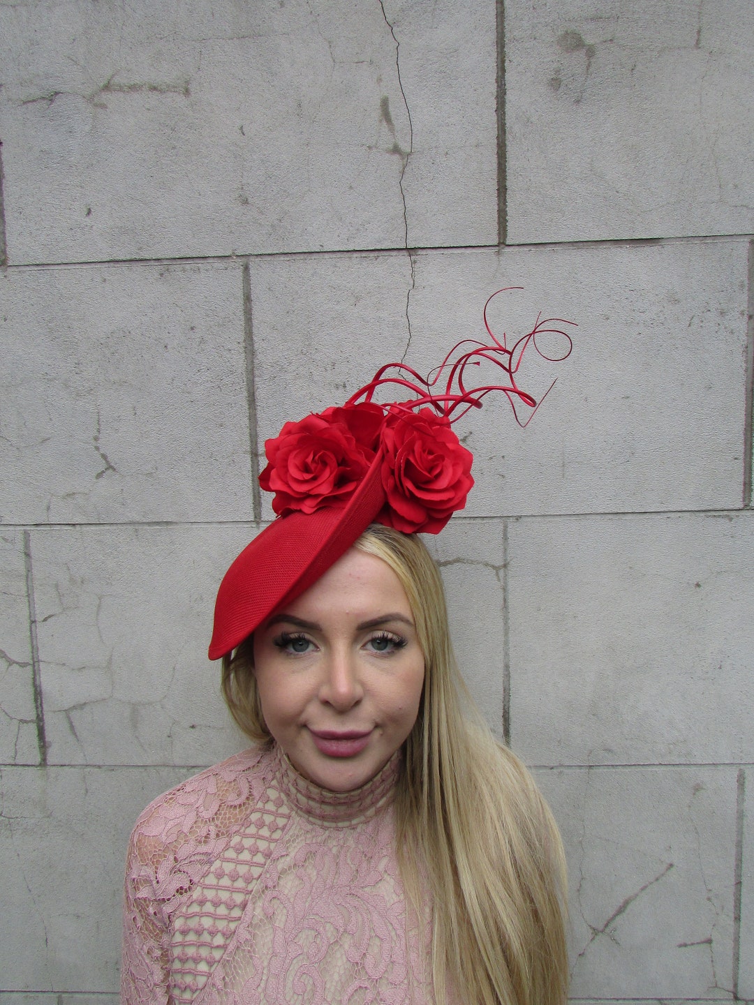 Large Red Rose Flower Feather Fascinator Hat Disc Saucer Races Headband ...