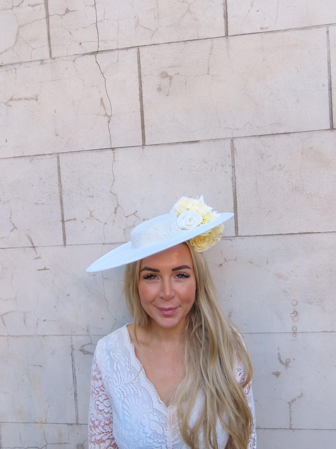 Large Cream Ivory Lemon Yellow Flower Boater Hatinator Wedding Guest ...