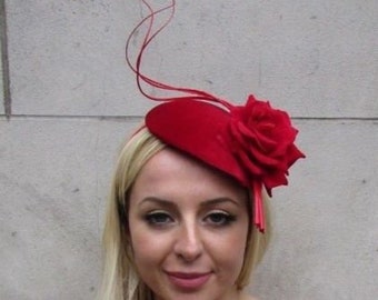 Large Red Rose Flower Feather Teardrop Fascinator Hat Headband Races ...