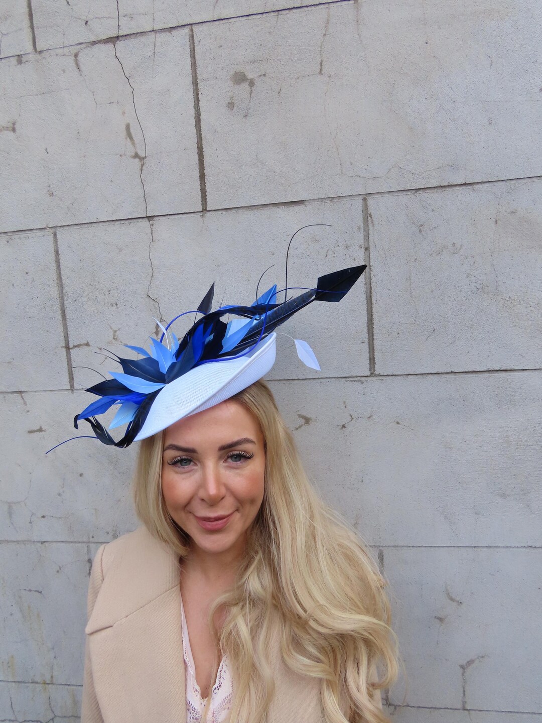 White Navy Blue Cornflower Light Blue Statement Feather Fascinator Disc ...