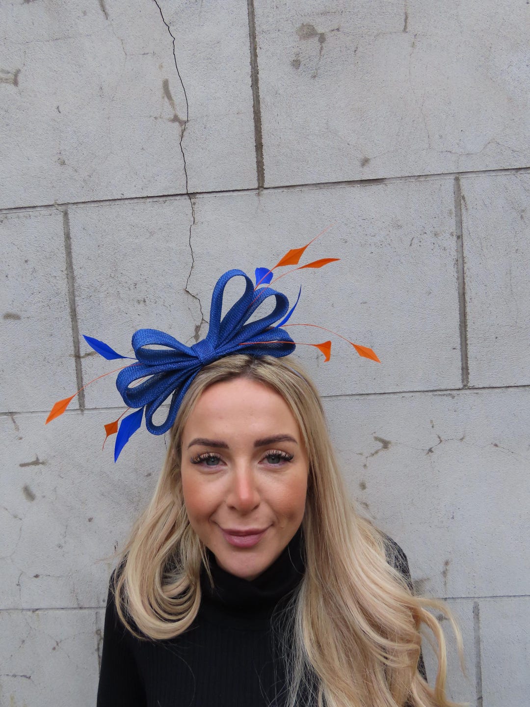 Royal Blue & Orange Sinamay Feather Fascinator Headband Headpiece Races ...