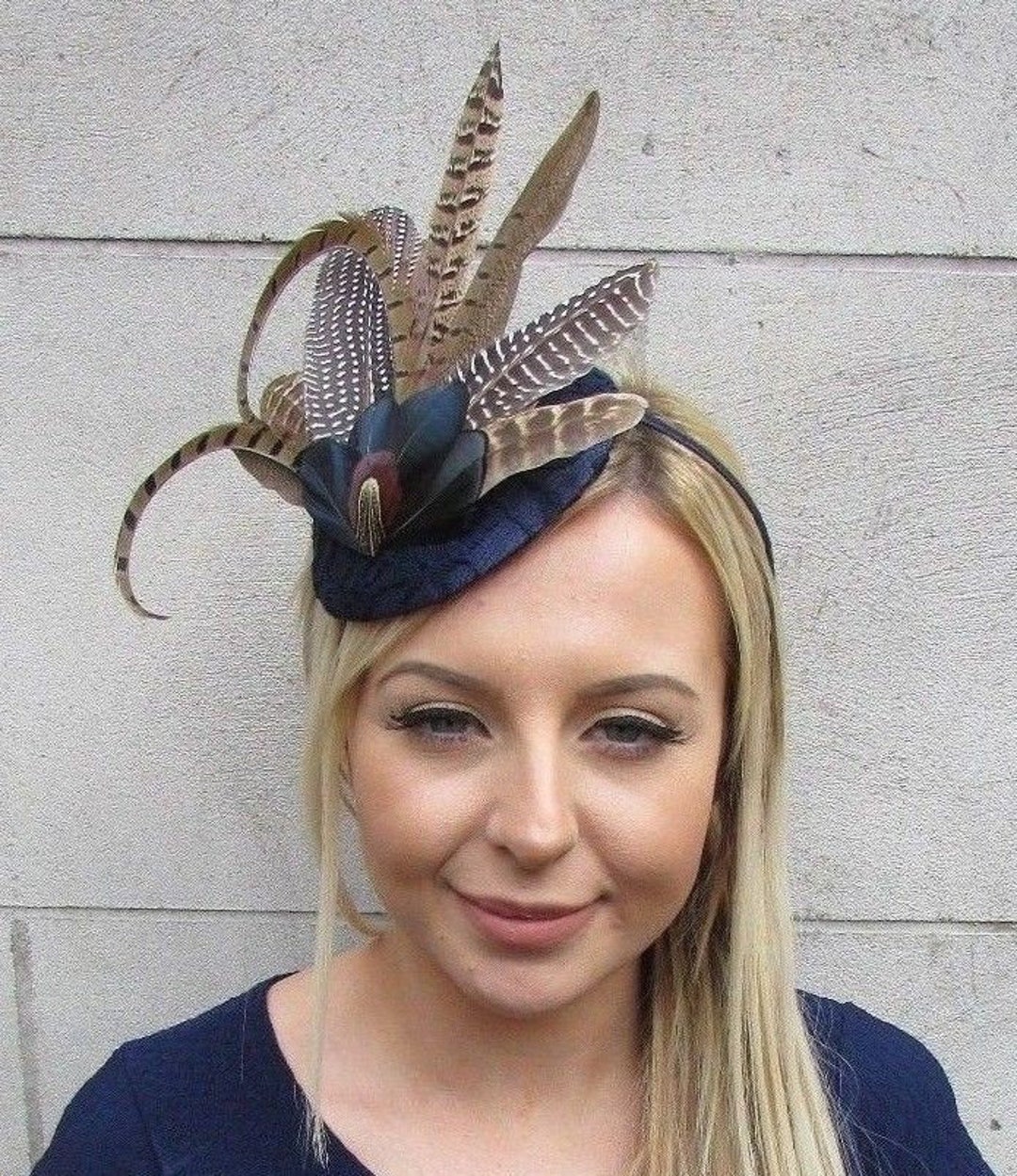Navy Blue Pheasant Statement Feather Fascinator Races Pillbox Hat Races ...
