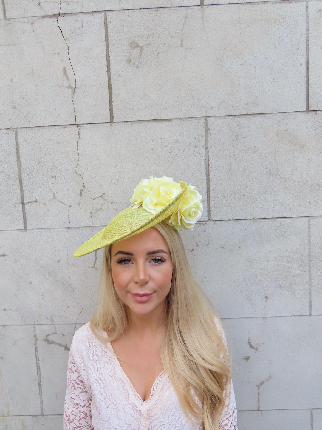Large Light Yellow Lemon Rose Flower Sinamay Hat Fascinator Disc Saucer ...