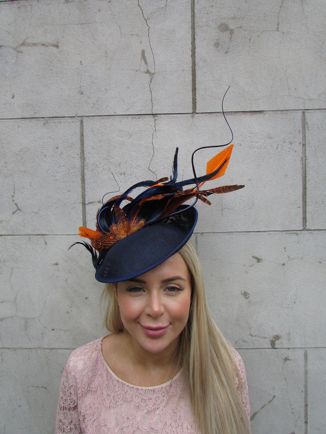 Navy Blue Orange Pheasant Feather Fascinator Hat Disc Saucer Races ...