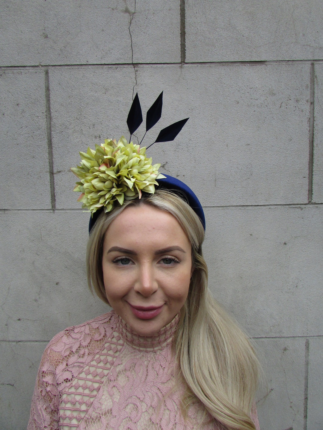 Dark Navy Blue Fascinator Lime Chartreuse Green Flower Velvet Padded ...