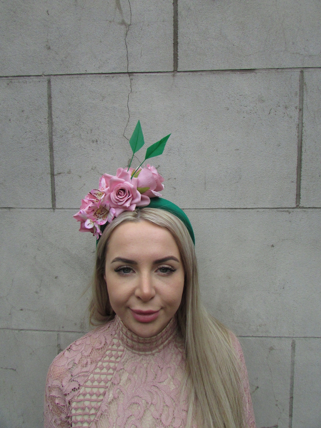 Blush Pink Emerald Green Fascinator Dusky Pink Flower Padded Headband ...