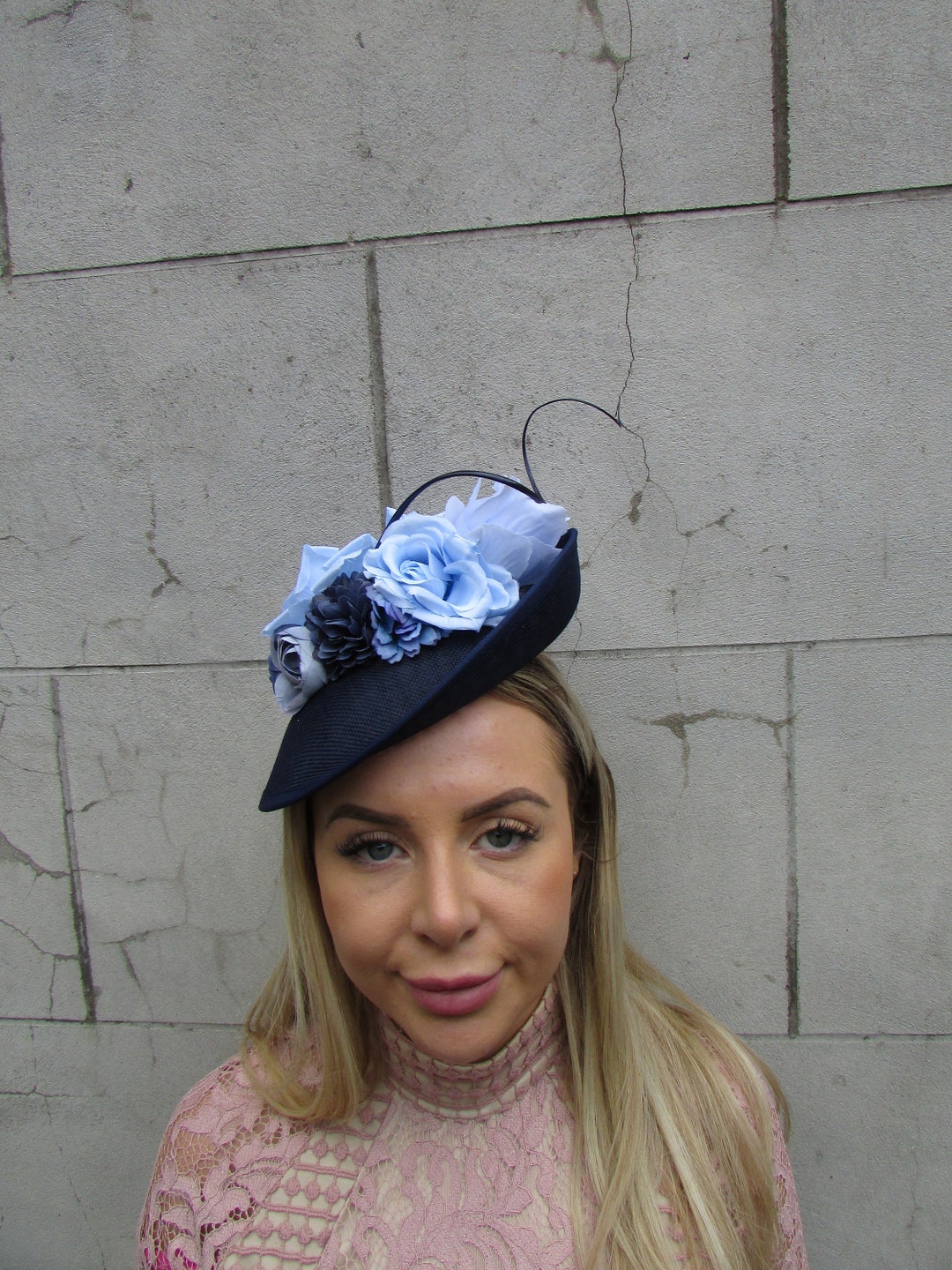 Navy Blue Light Blue Cornflower Flower Fascinator Feather Hat Disc ...