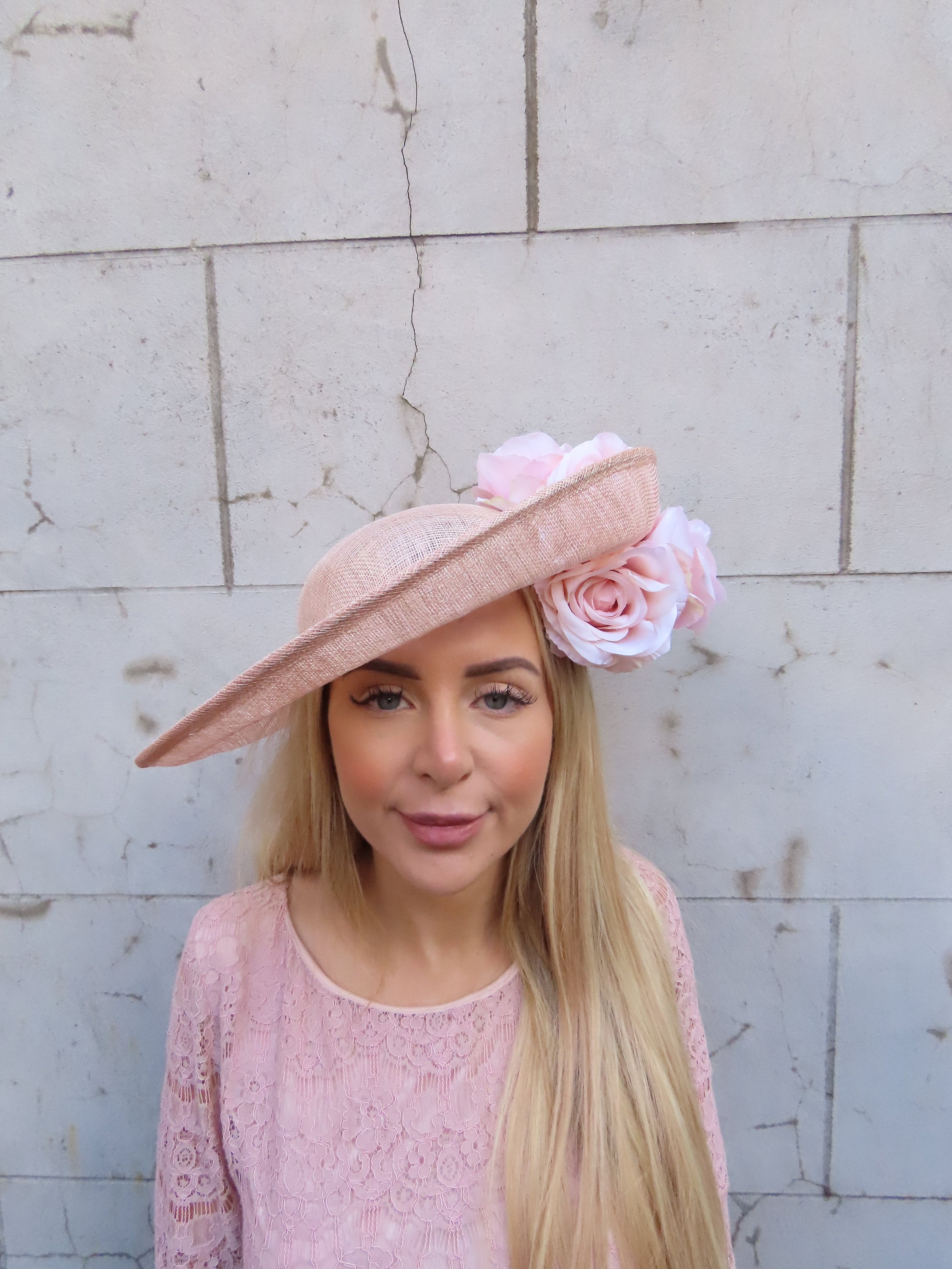 Large Nude Peach Sinamay Rose Flower Floral Fascinator Disc Hat Saucer ...