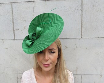 One off Piece Large Bottle Green Feather Straw Style Hat Fascinator ...