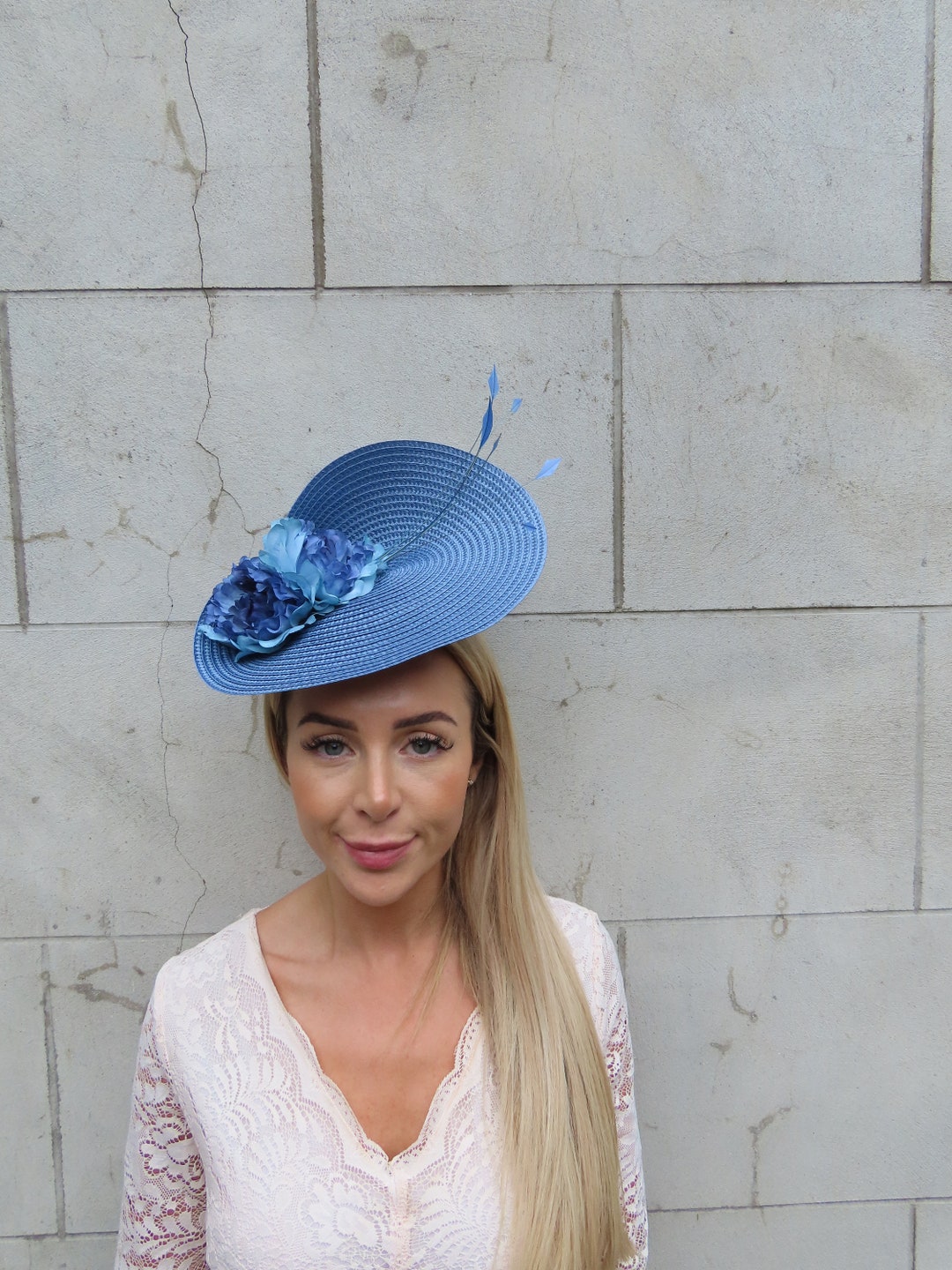 One off Piece Large Dusty Blue Flower Straw Style Hat Fascinator ...