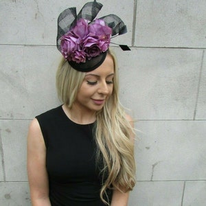 Black Purple Mauve Floral Grape Flower Feather Hat Hair Fascinator ...
