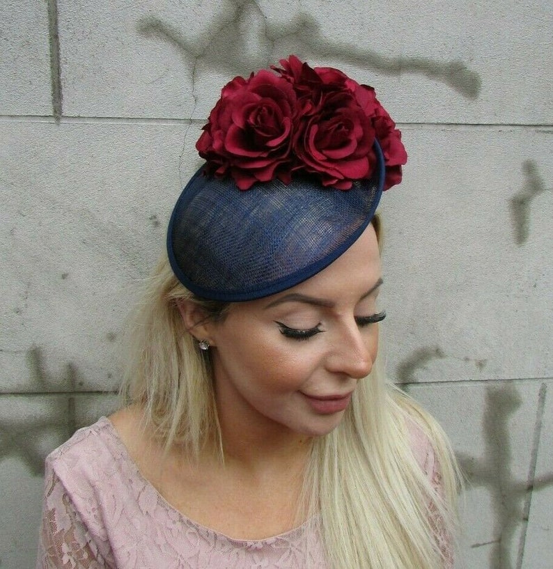 Navy Blue Burgundy Wine Red Rose Flower Fascinator Disc Hat - Etsy