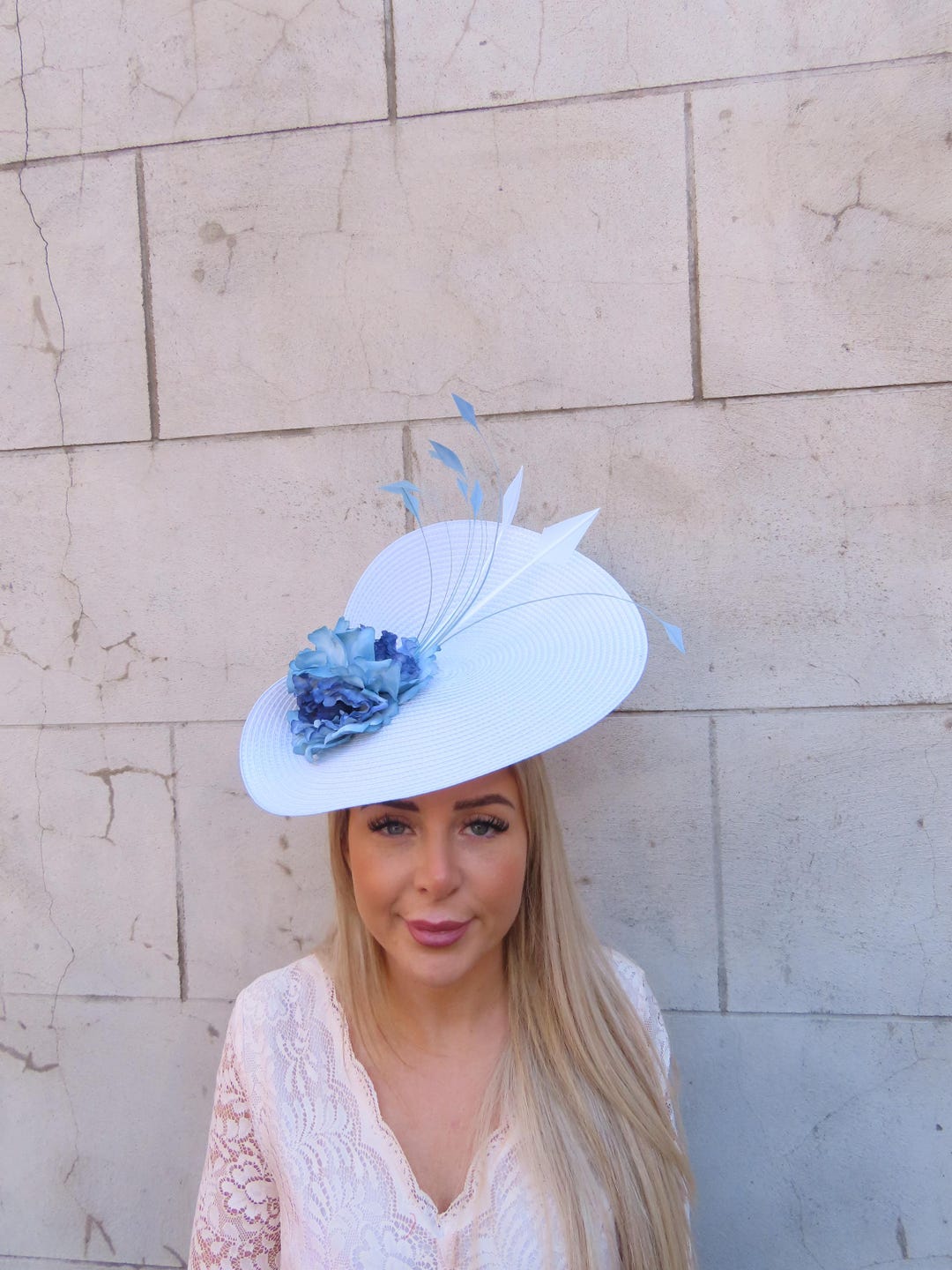 One off Piece Large White & Sky Cornflower Blue Flower Straw Style Hat ...