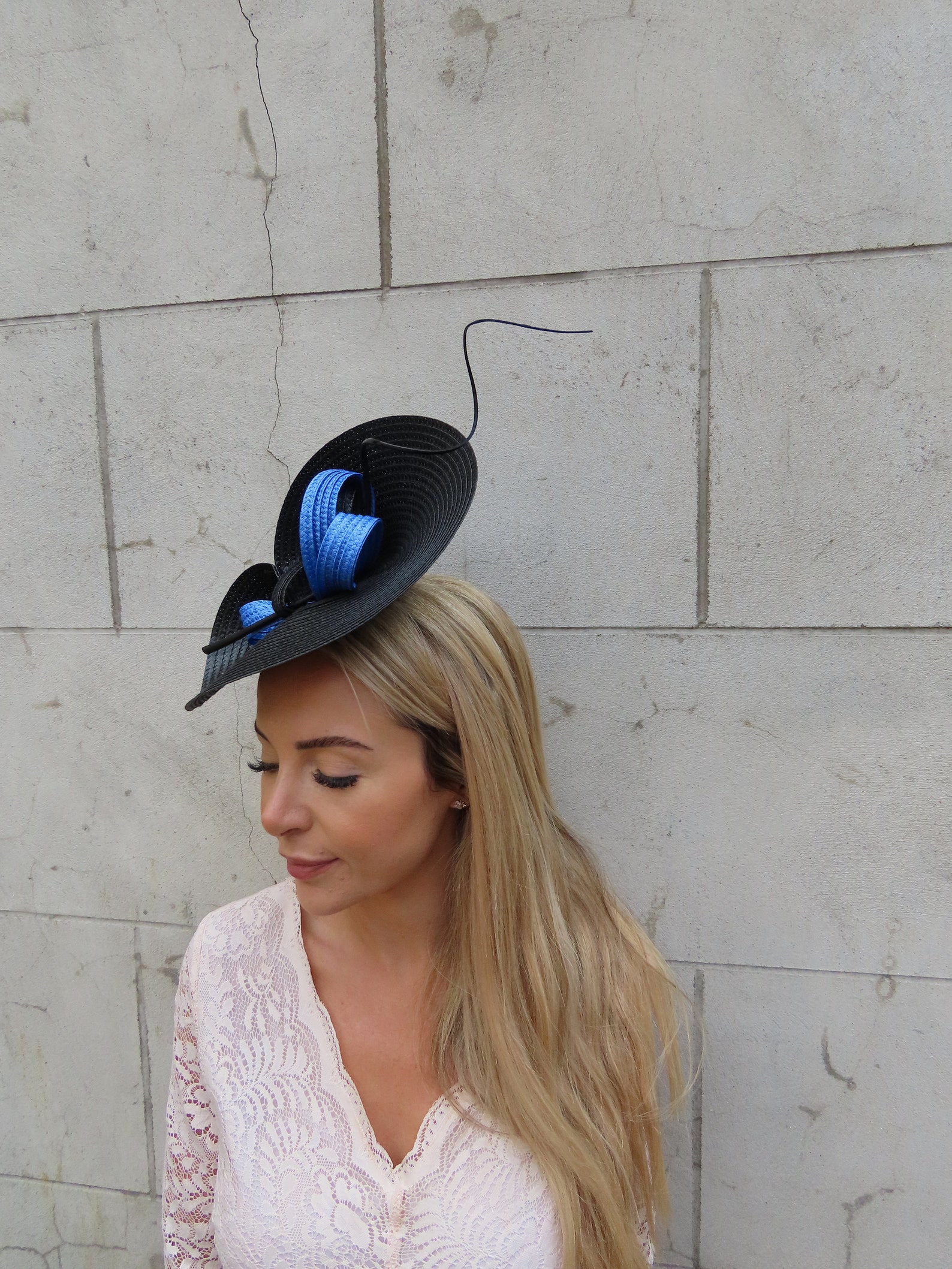 One off Piece Large Electric Blue & Black Straw Style Hat Fascinator ...
