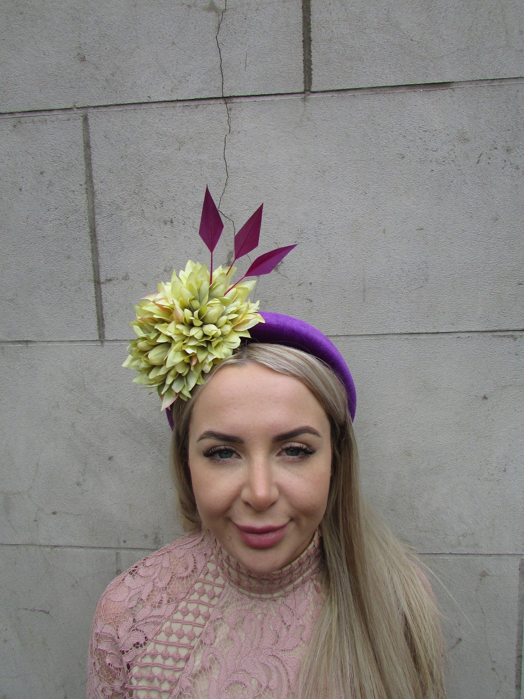 Plum Purple Fascinator Lime Chartreuse Green Flower Velvet Padded ...