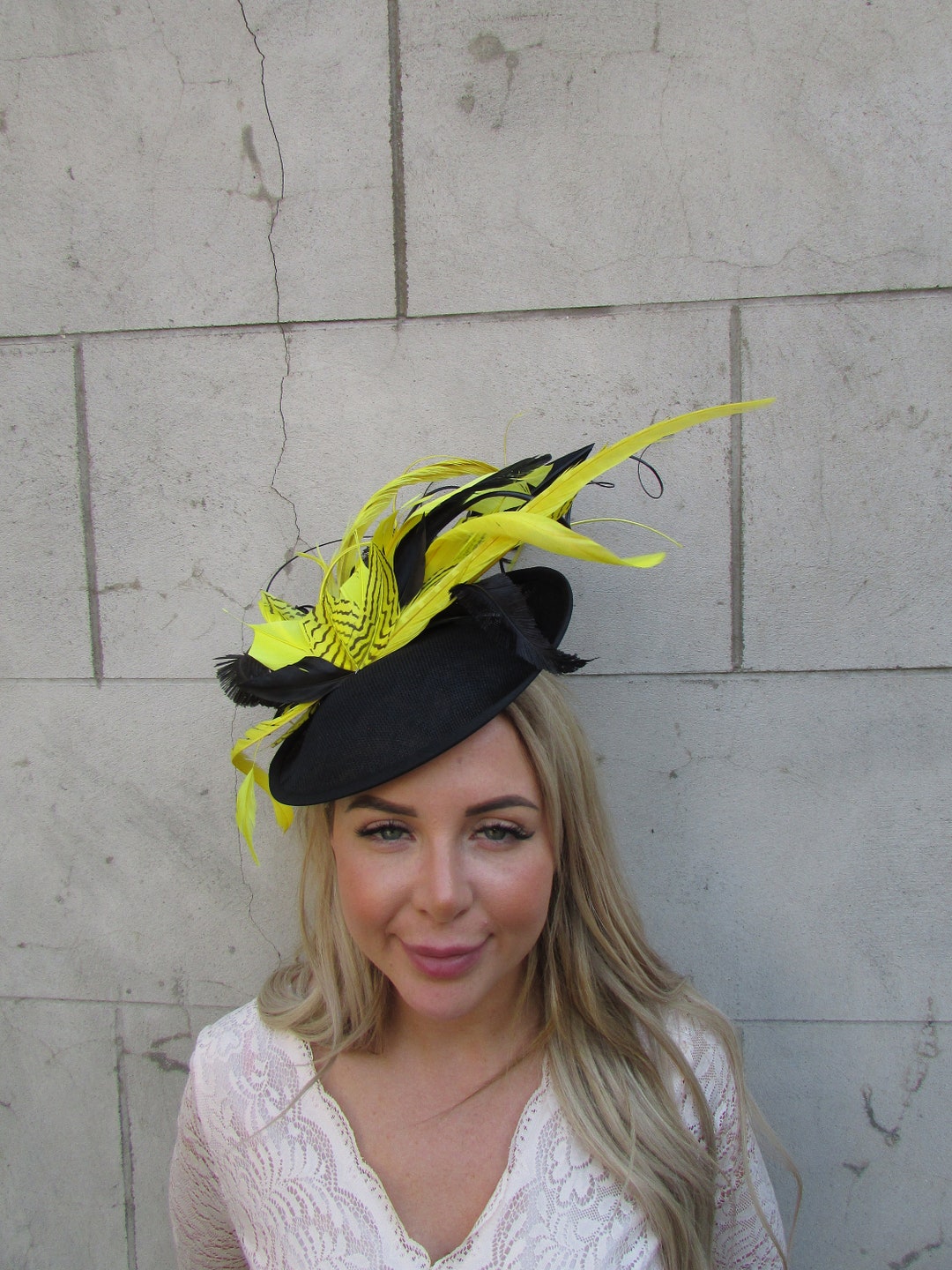 Black & Yellow Feather Fascinator Hat Disc Saucer Races Headband ...