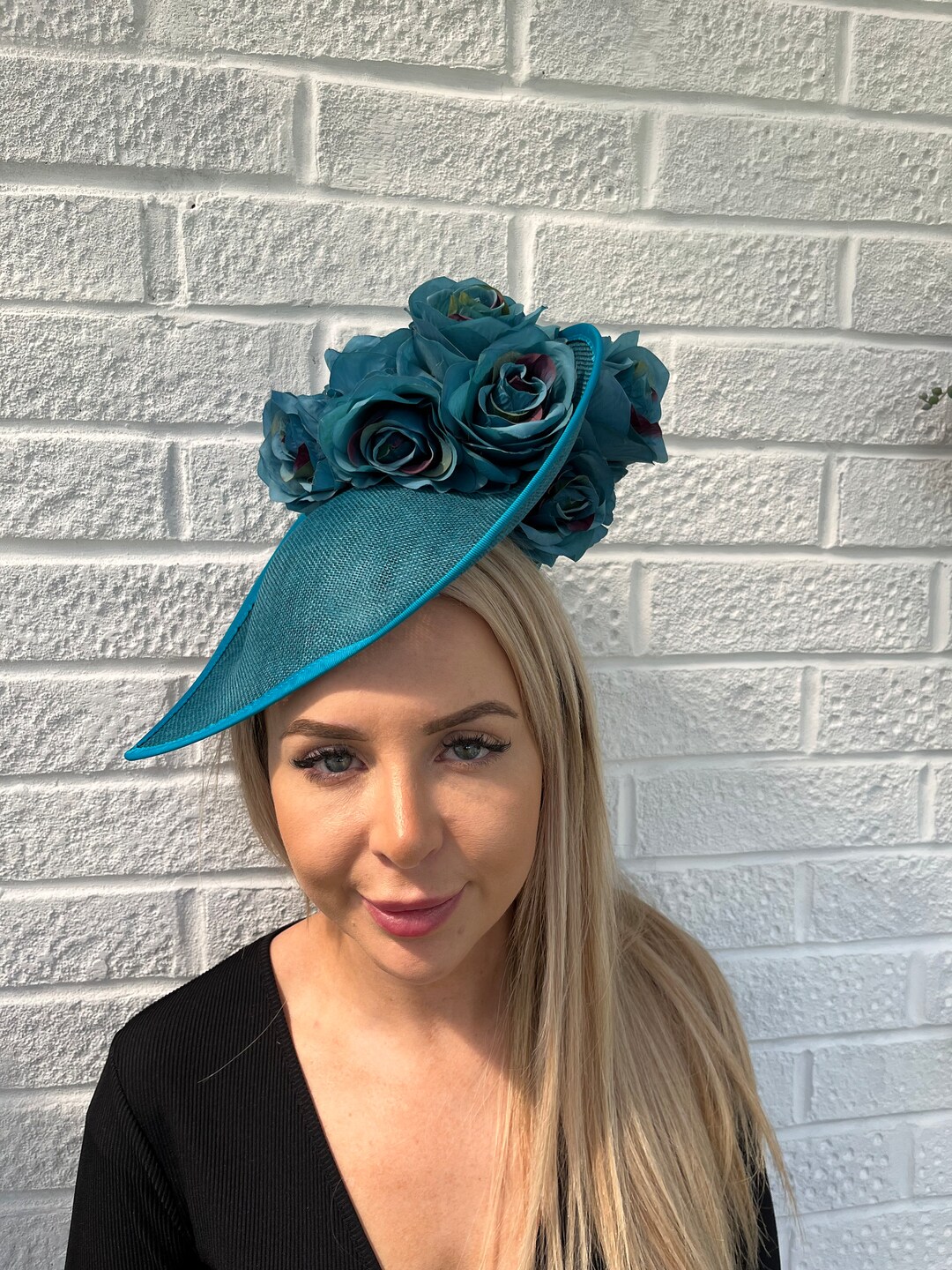 Large Teal Blue Green Rose Flower Large Teardrop Fascinator Hat Races ...