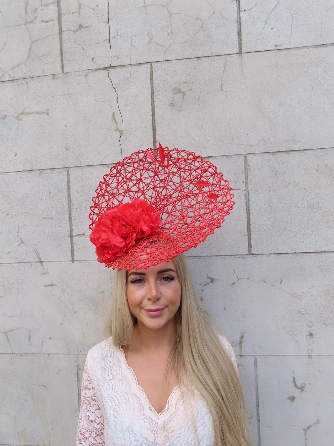 Large Red Flower Feather Hat Fascinator Wedding Races Headband ...
