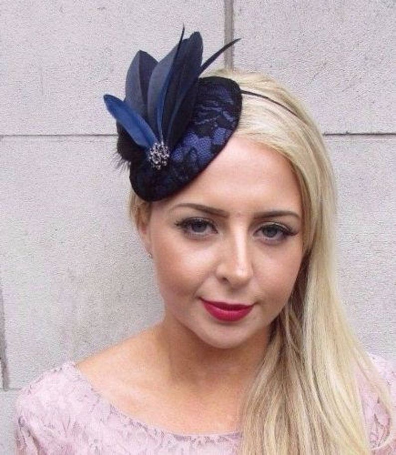 Black Navy Blue Statement Feather Fascinator Races Pillbox Hat | Etsy