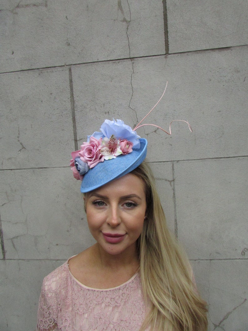 Light Blue Blush Light Pink Feather Floral Disc Saucer Hat Fascinator ...