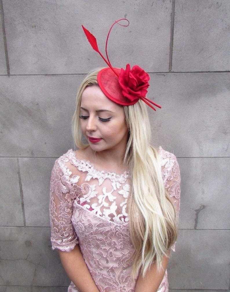 Red Sinamay Rose Feather Pillbox Hat Fascinator Formal Races Hair Clip ...