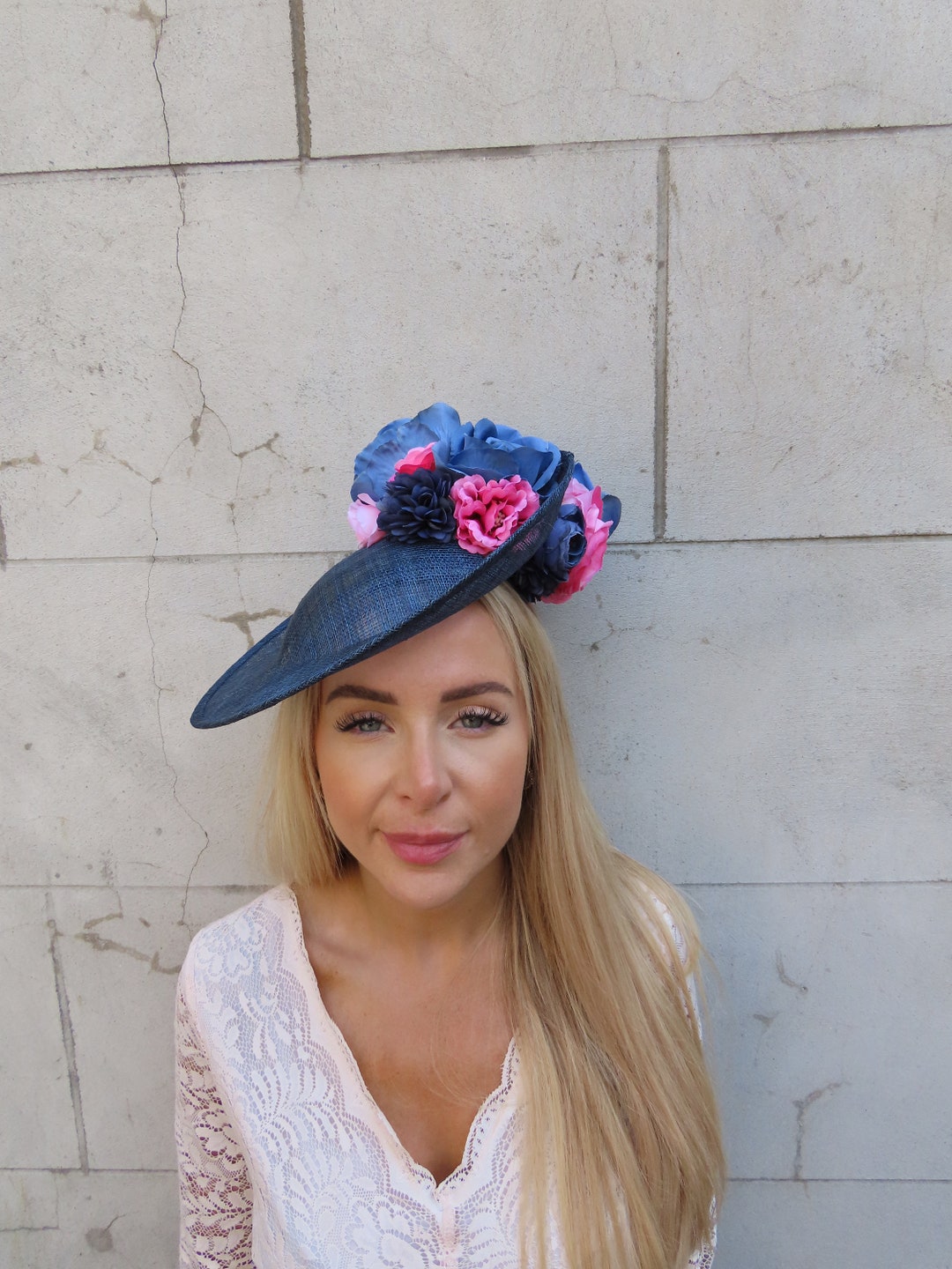 Large Navy Blue & Light Pink Sinamay Rose Flower Floral Disc Saucer Hat ...