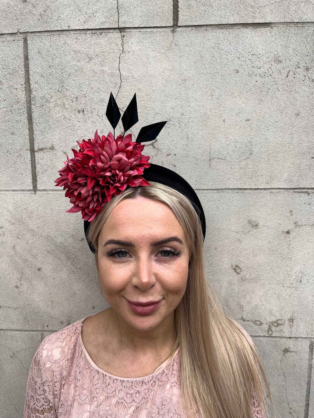 Black & Dark Red Flower Fascinator Velvet Padded Headband Fascinator ...