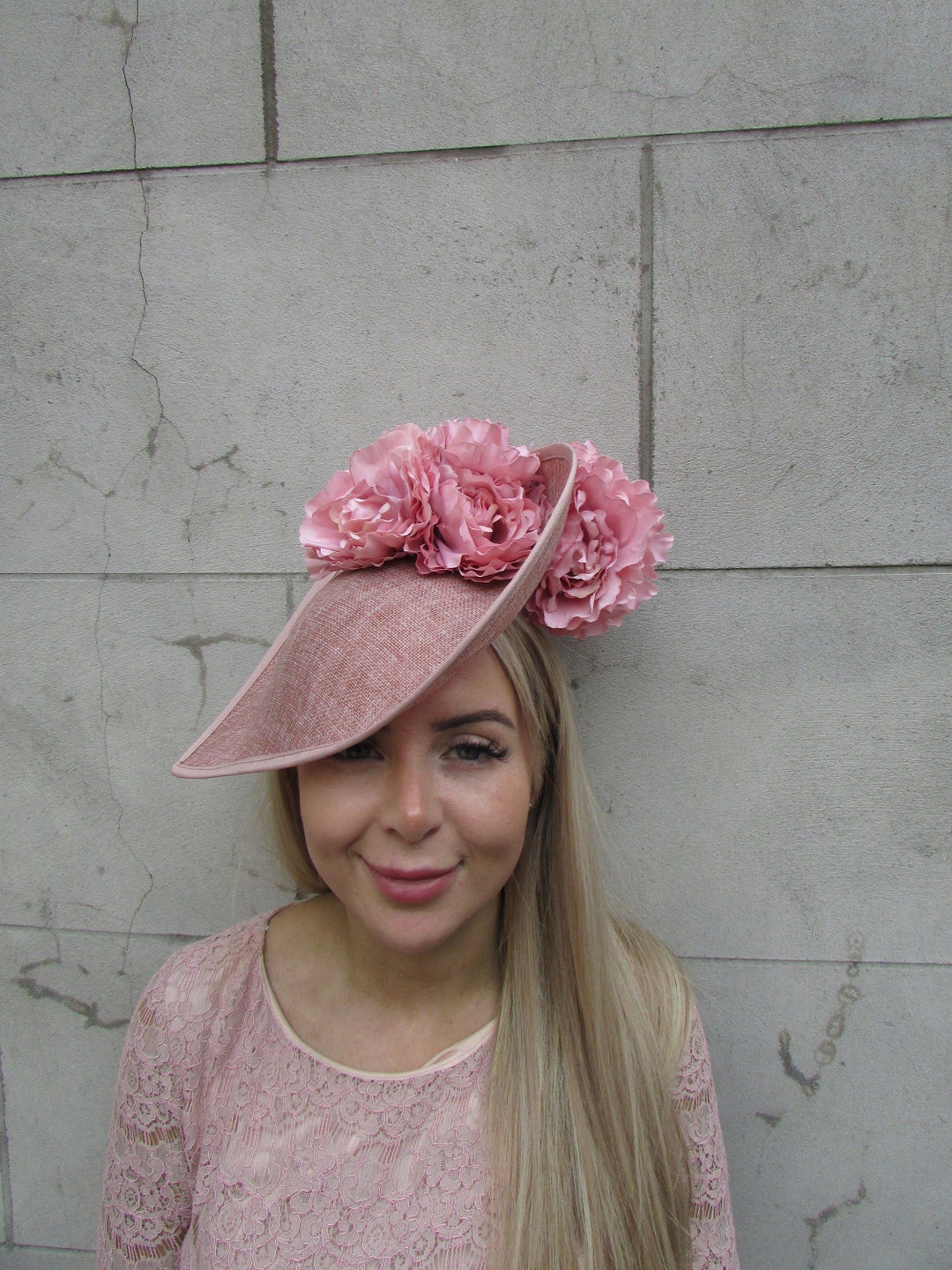 Large Dramatic Nude Pink Rose Flower Teardrop Fascinator Hat Races ...