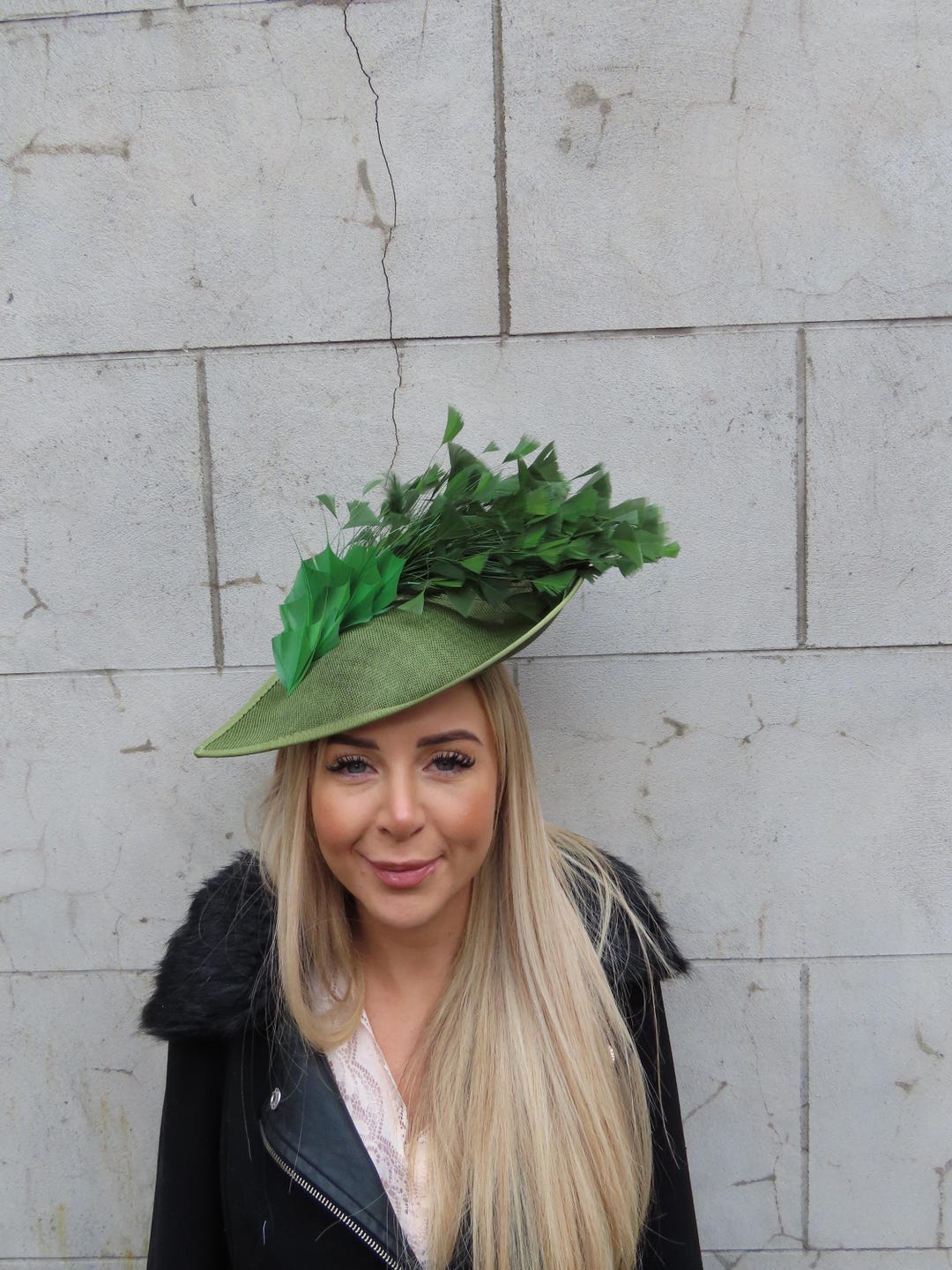 Large Khaki Sage Green Olive Feather Fascinator Hat Teardrop Wedding ...