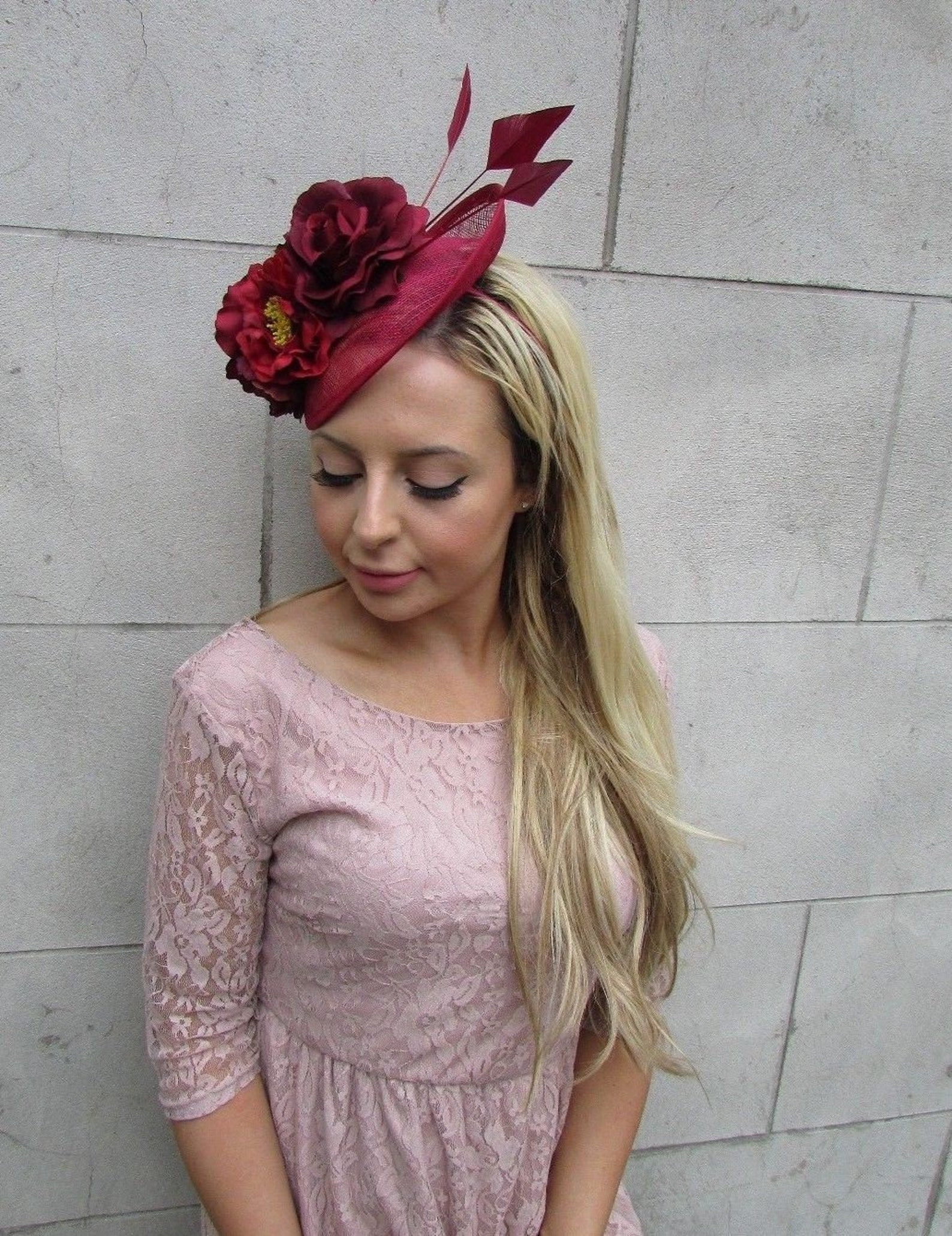 Burgundy Wine Red Feather Flower Sinamay Disc Saucer Hat - Etsy