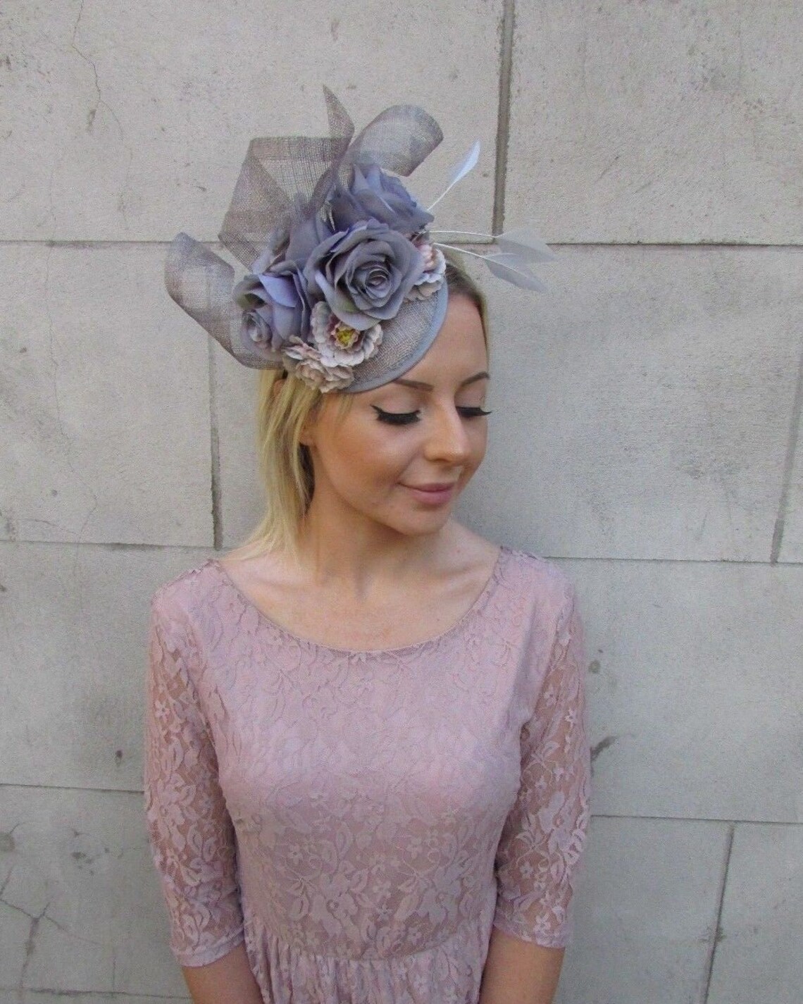 Grey Sinamay Rose Flower Feather Pillbox Hat Fascinator Races Hair ...
