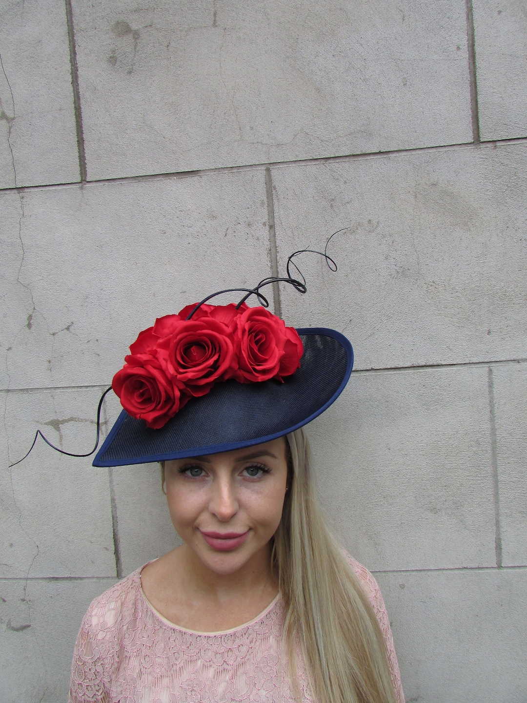 Large Navy Blue & Red Rose Flower Fascinator Hat Big Teardrop Tilted ...