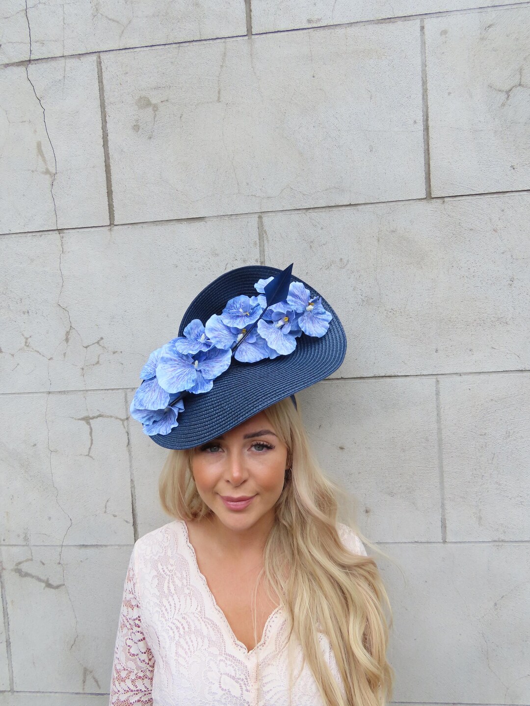 One off Piece Large Navy Blue & Cornflower Blue Orchid Flower Hat ...