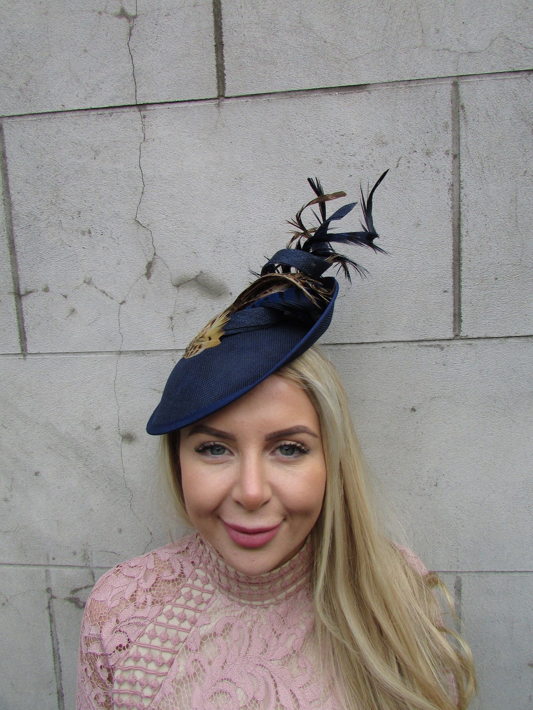 One off Piece Navy Blue Brown Pheasant Feather Fascinator Disc Saucer ...