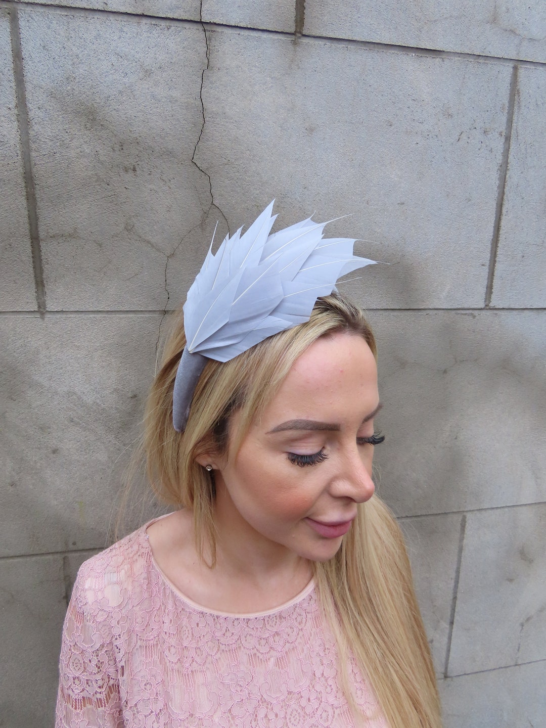 New Light Grey Feather Velvet Padded Headband Fascinator Headpiece ...