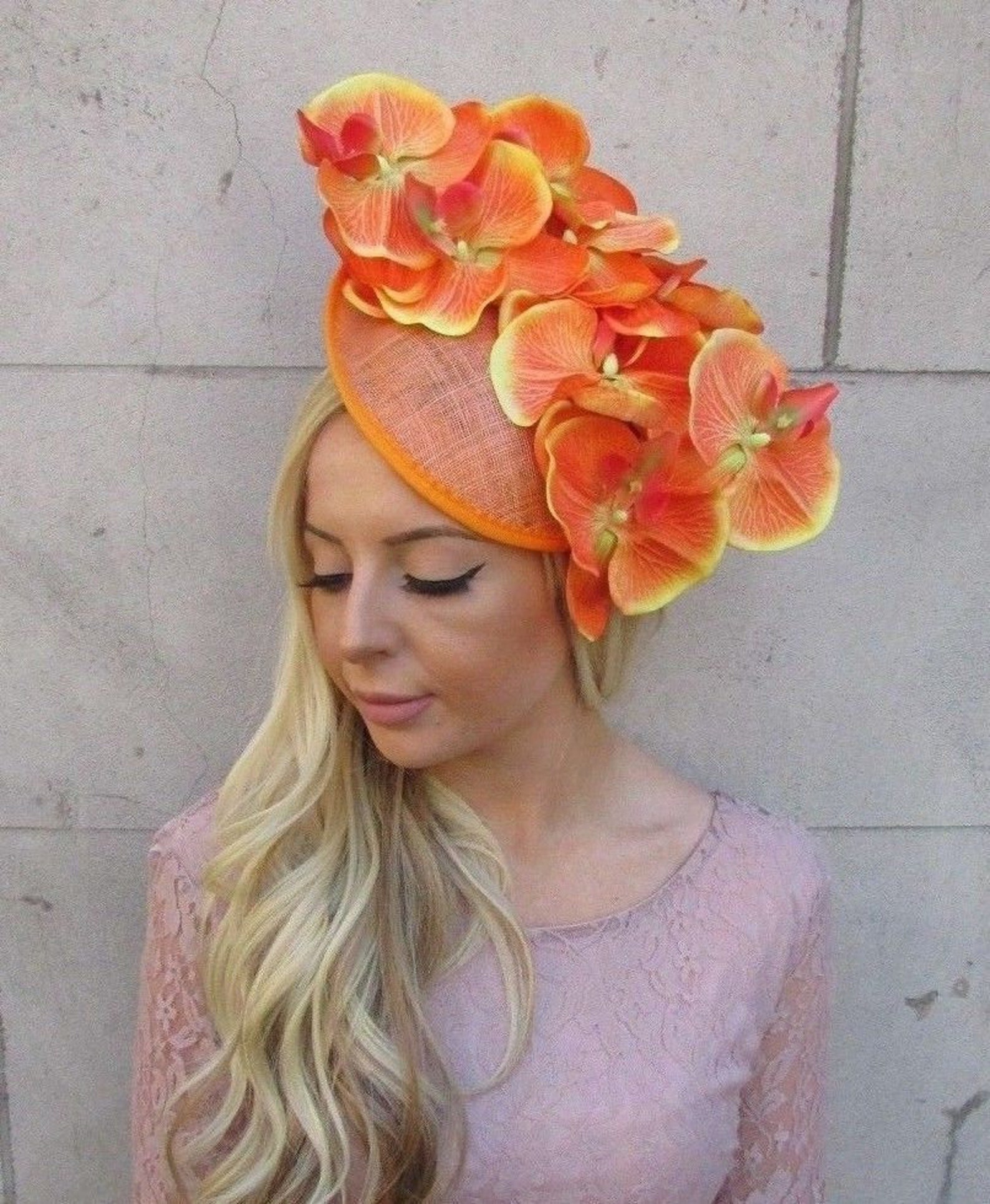 Orange Orchid Flower Saucer Disc Hat Fascinator Headband Wedding Races ...