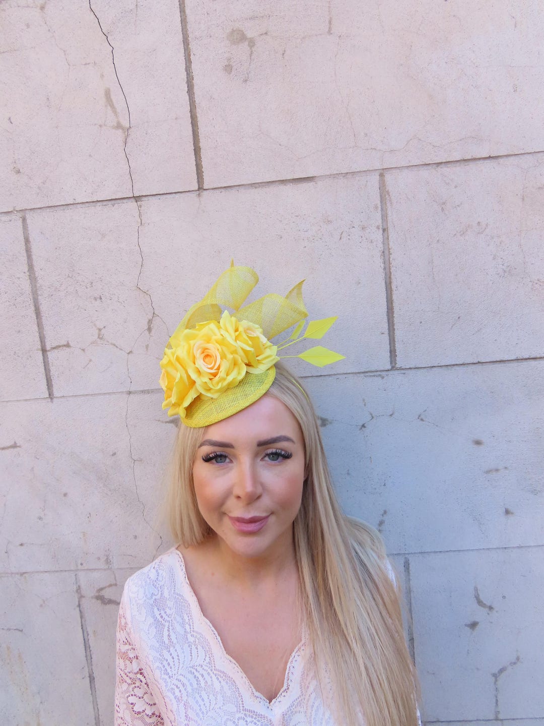 Yellow Sinamay Rose Flower Feather Hat Fascinator Races Hair Band ...