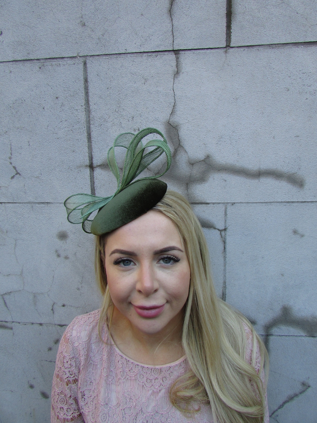 One off Piece Olive Green Velvet Bow Pillbox Hat Hair Fascinator Races ...