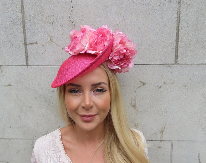 Hot Pink Fascinator Hat Sinamay Disc Saucer Headpiece Peony Flower ...