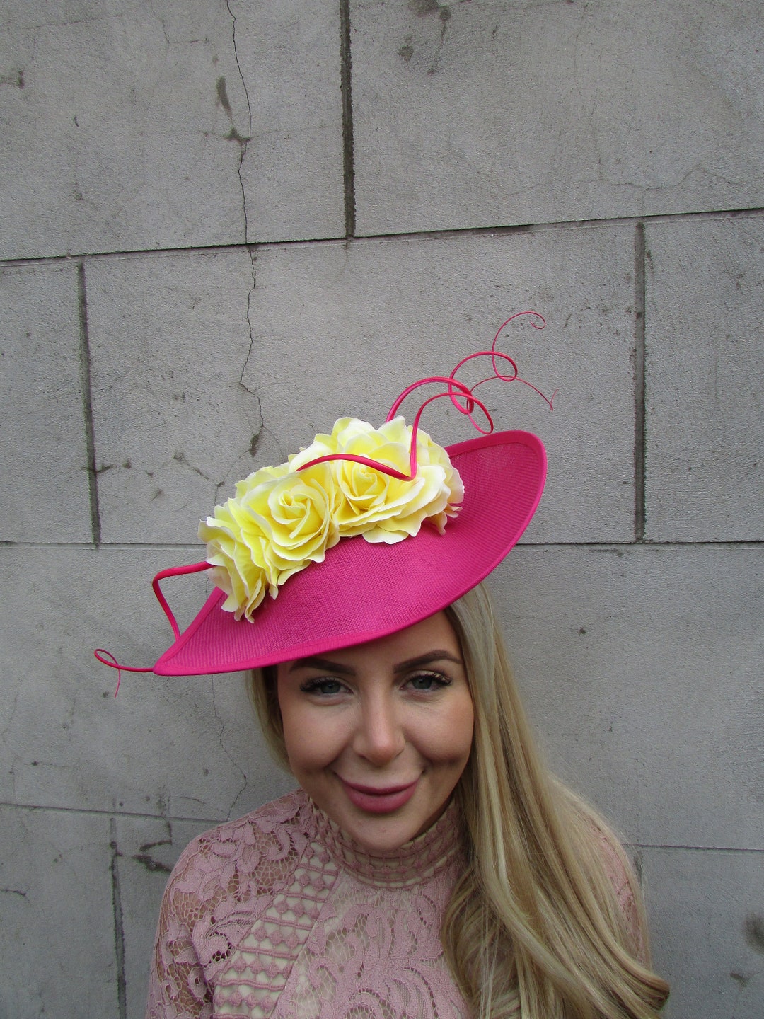 Large Hot Pink Cerise Lemon Light Yellow Statement Rose Flower Teardrop ...