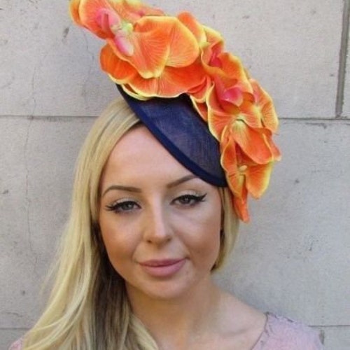 Navy Blue Orange Orchid Flower Saucer Disc Hat Fascinator - Etsy