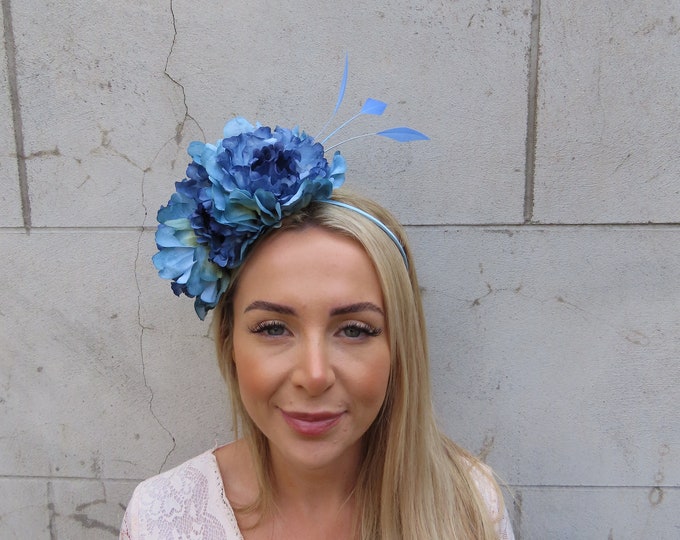 Cornflower Blue and Gold Feather Fascinator Hat - Wedding, Ladies Day ...