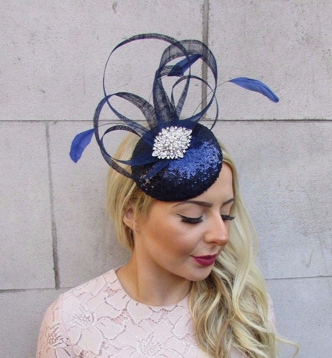 Navy Blue Silver Feather Pillbox Hat Fascinator Races Hair - Etsy