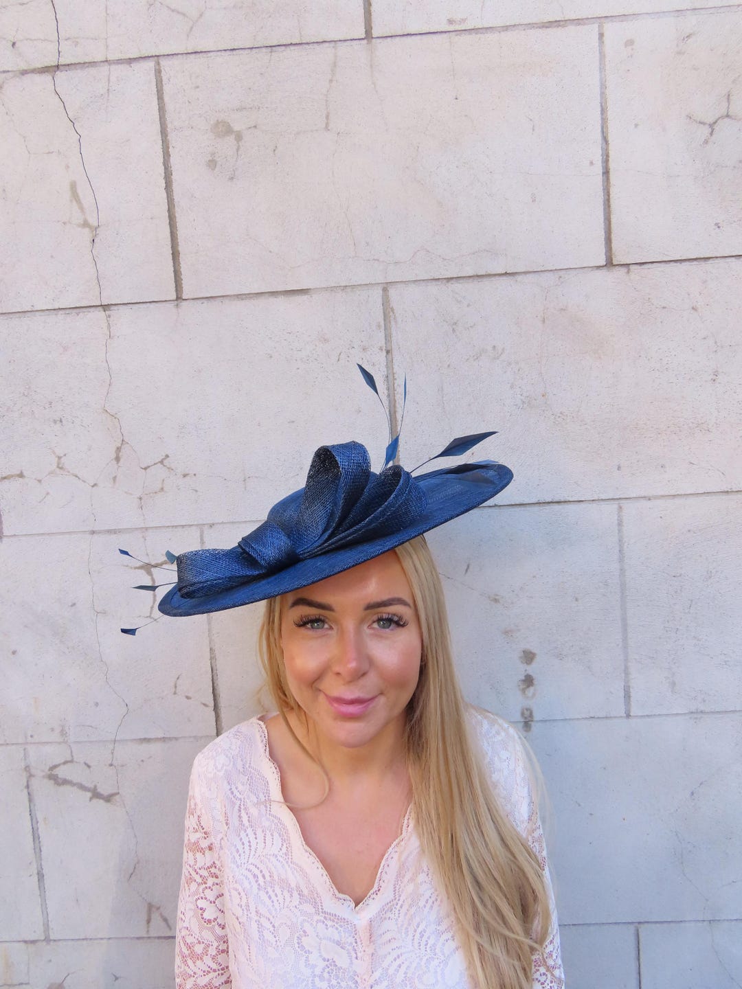 Large Navy Blue Feather Hat Sinamay Hatinator Boater One off Piece ...