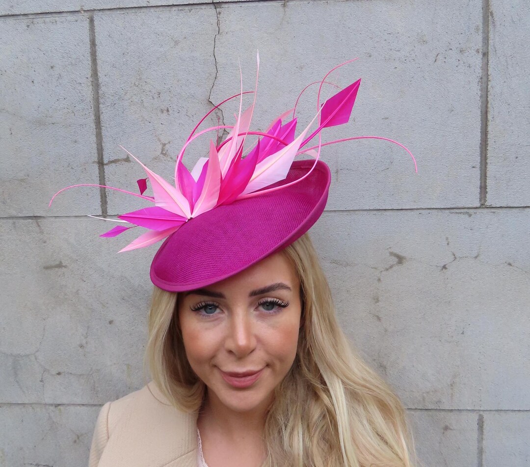 Light & Hot Pink Feather Fascinator Hat Disc Saucer Races Headband ...