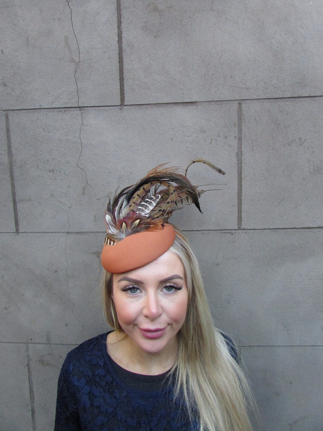 One off Piece Tan Brown Pheasant Feather Fascinator Pillbox Hat ...