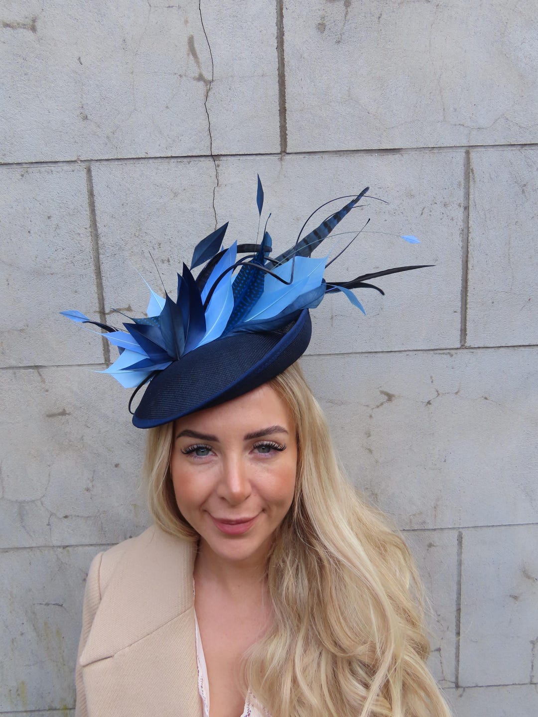 Navy Blue Cornflower Light Blue Statement Feather Fascinator Disc ...