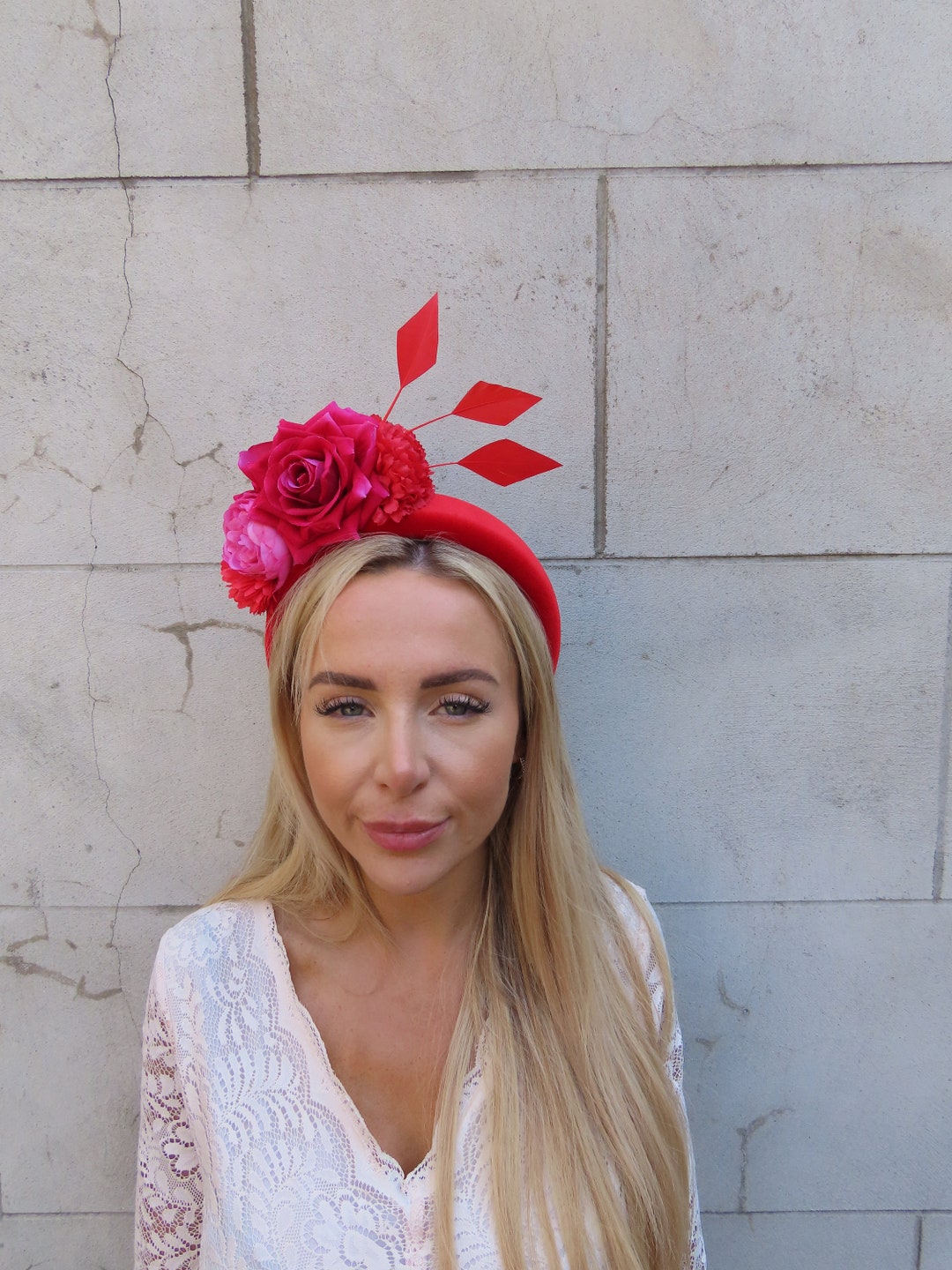 Red & Hot Pink Floral Feather Velvet Headband Ascot Fascinator ...